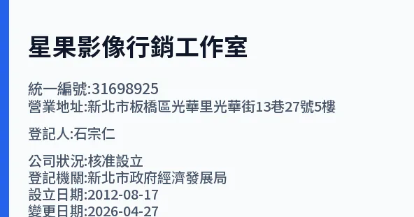 星果影像行銷工作室的照片-統編 31698925(新北市) 公司登記資料與營業項目詳細圖表