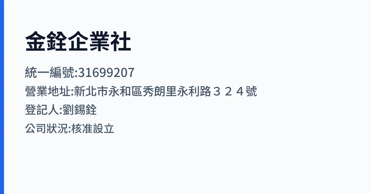 金銓企業社 - 統編 31699207(新北市) 公司登記資料與營業項目詳細圖表