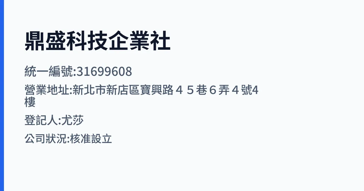 鼎盛科技企業社 - 統編 31699608(新北市) 公司登記資料與營業項目詳細圖表