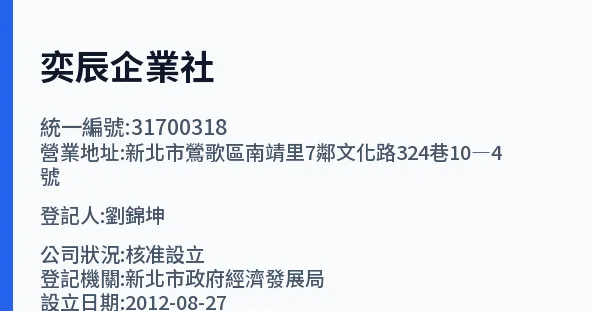 奕辰企業社的照片-統編 31700318(新北市) 公司登記資料與營業項目詳細圖表