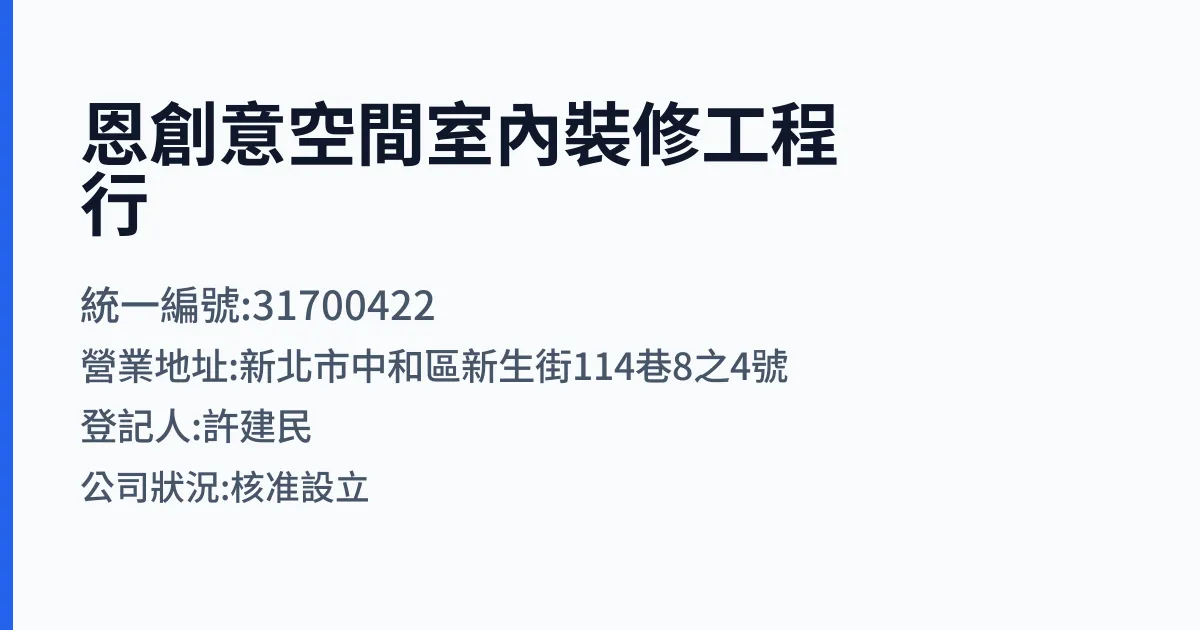 恩創意空間室內裝修工程行 - 統編 31700422(新北市) 公司登記資料與營業項目詳細圖表