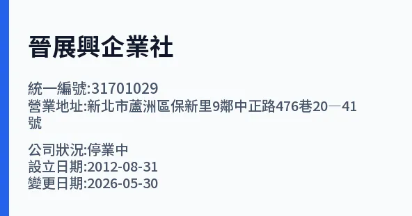 晉展興企業社的照片-統編 31701029(新北市) 公司登記資料與營業項目詳細圖表