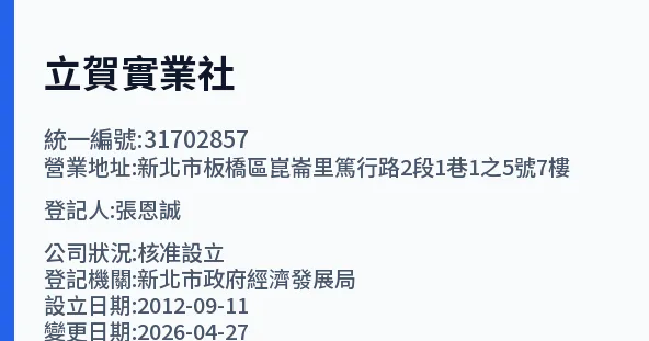 立賀實業社的照片-統編 31702857(新北市) 公司登記資料與營業項目詳細圖表