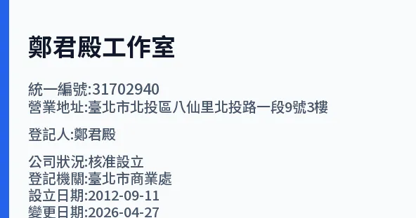 鄭君殿工作室的照片-統編 31702940(臺北市) 公司登記資料與營業項目詳細圖表