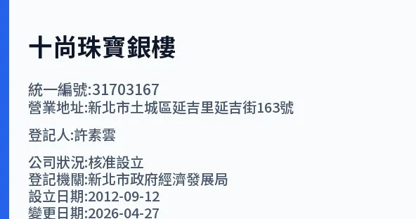 十尚珠寶銀樓的照片-統編 31703167(新北市) 公司登記資料與營業項目詳細圖表