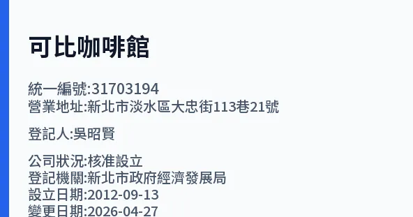 可比咖啡館的照片-統編 31703194(新北市) 公司登記資料與營業項目詳細圖表