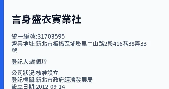 言身盛衣實業社的照片-統編 31703595(新北市) 公司登記資料與營業項目詳細圖表