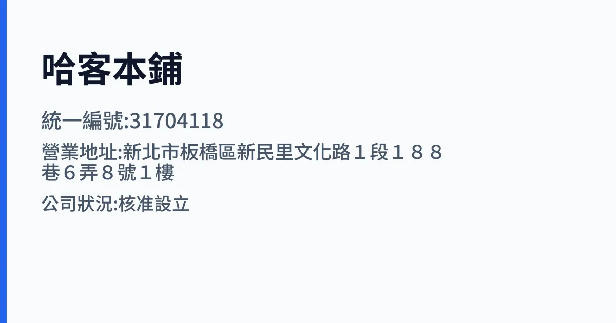 哈客本鋪 - 統編 31704118(新北市) 公司登記資料與營業項目詳細圖表