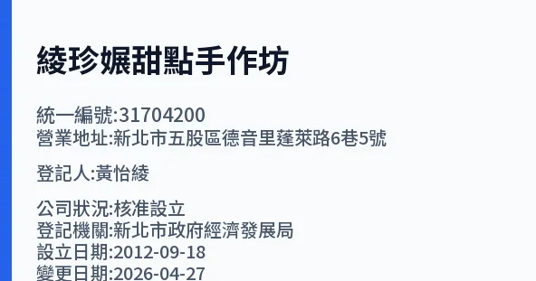 綾珍㜊甜點手作坊的照片-統編 31704200(新北市) 公司登記資料與營業項目詳細圖表