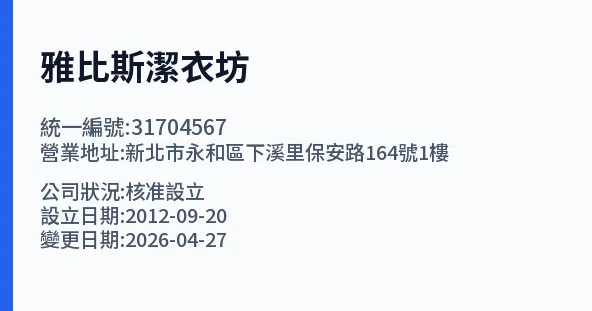 雅比斯潔衣坊的照片-統編 31704567(新北市) 公司登記資料與營業項目詳細圖表