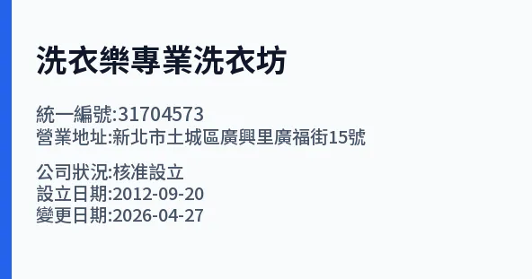 洗衣樂專業洗衣坊的照片-統編 31704573(新北市) 公司登記資料與營業項目詳細圖表