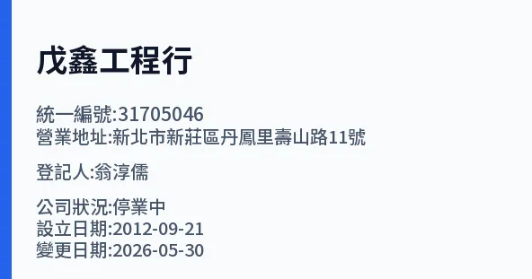 戊鑫工程行的照片-統編 31705046(新北市) 公司登記資料與營業項目詳細圖表