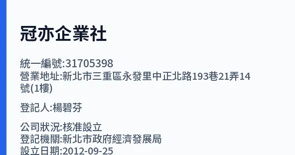 冠亦企業社的照片-統編 31705398(新北市) 公司登記資料與營業項目詳細圖表