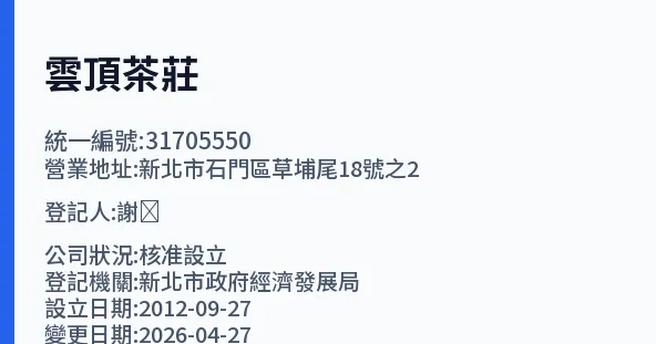 雲頂茶莊的照片-統編 31705550(新北市) 公司登記資料與營業項目詳細圖表