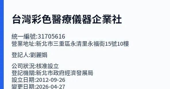 台灣彩色醫療儀器企業社的照片-統編 31705616(新北市) 公司登記資料與營業項目詳細圖表