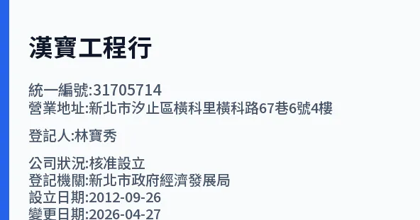 漢寶工程行的照片-統編 31705714(新北市) 公司登記資料與營業項目詳細圖表