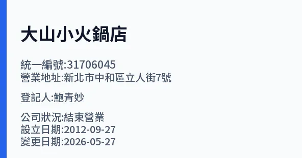 大山小火鍋店的照片-統編 31706045(新北市) 公司登記資料與營業項目詳細圖表