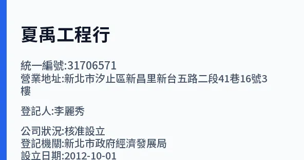 夏禹工程行的照片-統編 31706571(新北市) 公司登記資料與營業項目詳細圖表