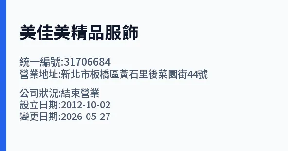美佳美精品服飾的照片-統編 31706684(新北市) 公司登記資料與營業項目詳細圖表