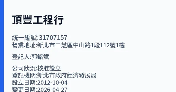 頂豐工程行的照片-統編 31707157(新北市) 公司登記資料與營業項目詳細圖表