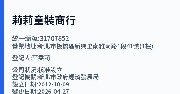 莉莉童裝商行的照片-統編 31707852(新北市) 公司登記資料與營業項目詳細圖表