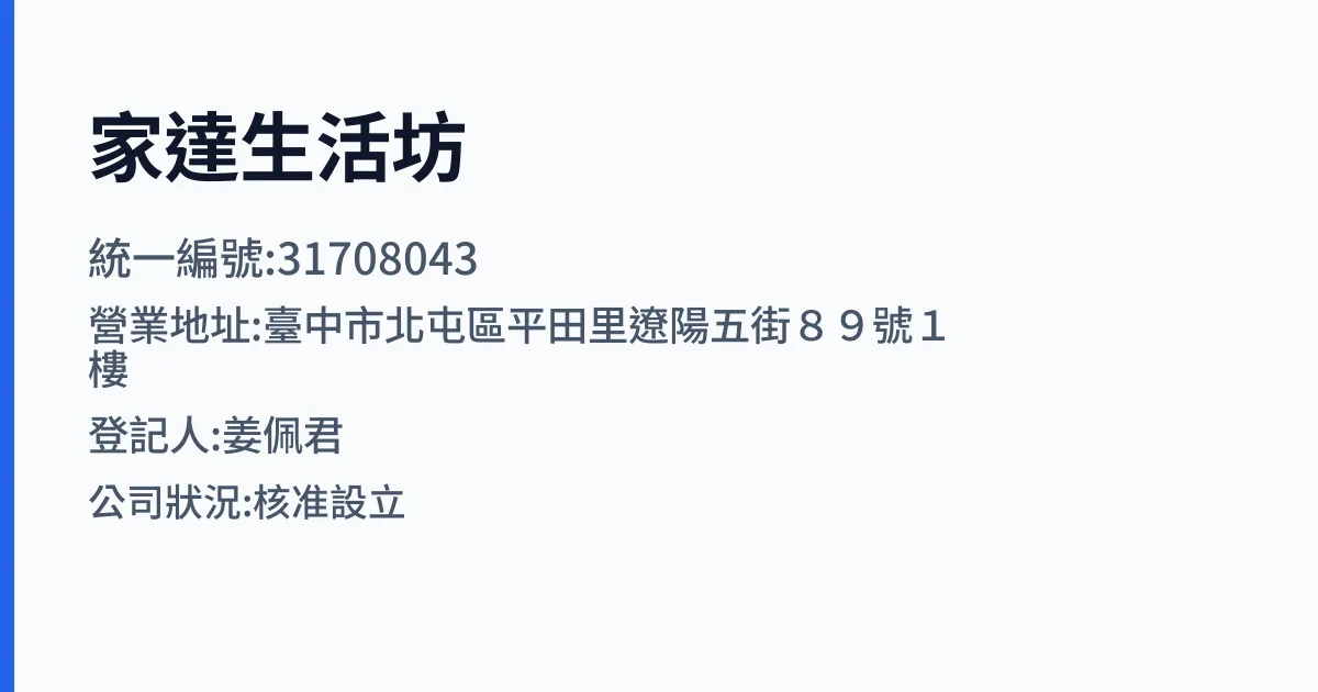 家達生活坊 - 統編 31708043(臺中市) 公司登記資料與營業項目詳細圖表