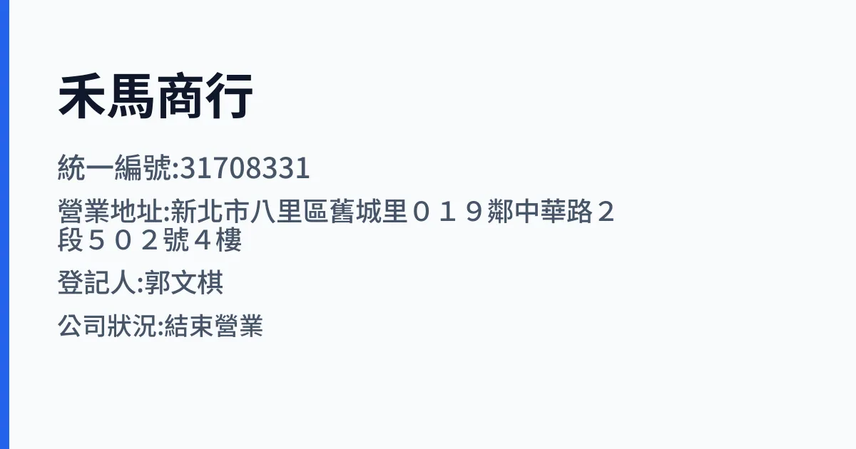 禾馬商行 - 統編 31708331(新北市) 公司登記資料與營業項目詳細圖表