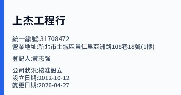 上杰工程行的照片-統編 31708472(新北市) 公司登記資料與營業項目詳細圖表