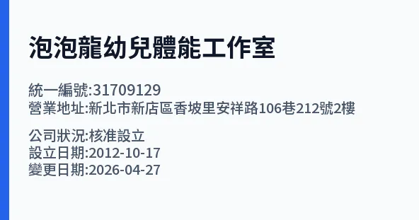 泡泡龍幼兒體能工作室的照片-統編 31709129(新北市) 公司登記資料與營業項目詳細圖表