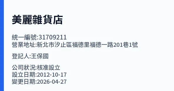 美麗雜貨店的照片-統編 31709211(新北市) 公司登記資料與營業項目詳細圖表