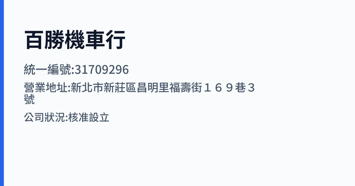 百勝機車行 - 統編 31709296(新北市) 公司登記資料與營業項目詳細圖表