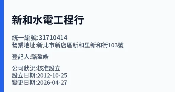 新和水電工程行的照片-統編 31710414(新北市) 公司登記資料與營業項目詳細圖表