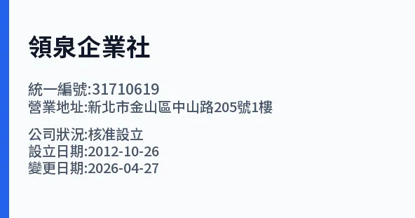 領泉企業社的照片-統編 31710619(新北市) 公司登記資料與營業項目詳細圖表