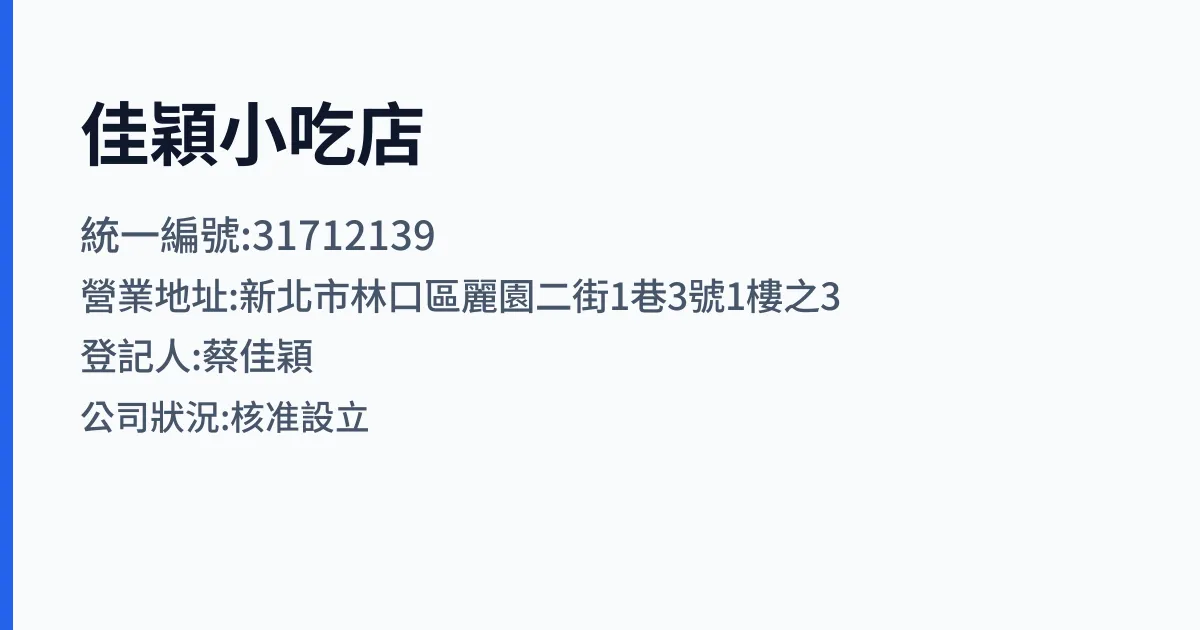 佳穎小吃店 - 統編 31712139(新北市) 公司登記資料與營業項目詳細圖表