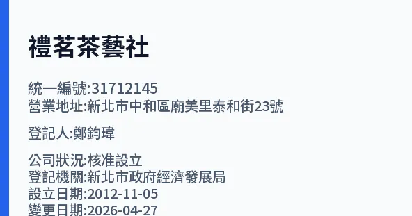 禮茗茶藝社的照片-統編 31712145(新北市) 公司登記資料與營業項目詳細圖表