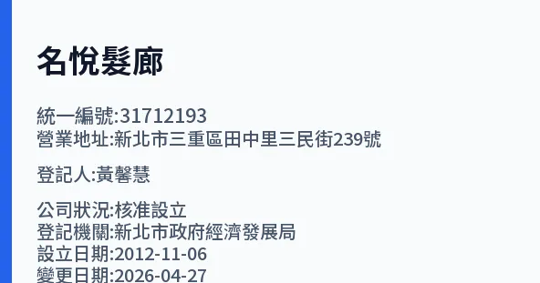 名悅髮廊的照片-統編 31712193(新北市) 公司登記資料與營業項目詳細圖表