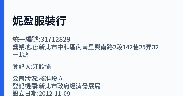 妮盈服裝行的照片-統編 31712829(新北市) 公司登記資料與營業項目詳細圖表