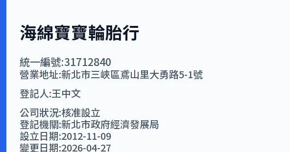 海綿寶寶輪胎行的照片-統編 31712840(新北市) 公司登記資料與營業項目詳細圖表