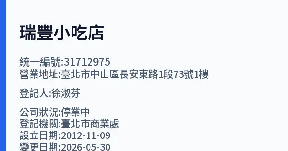 瑞豐小吃店的照片-統編 31712975(臺北市) 公司登記資料與營業項目詳細圖表