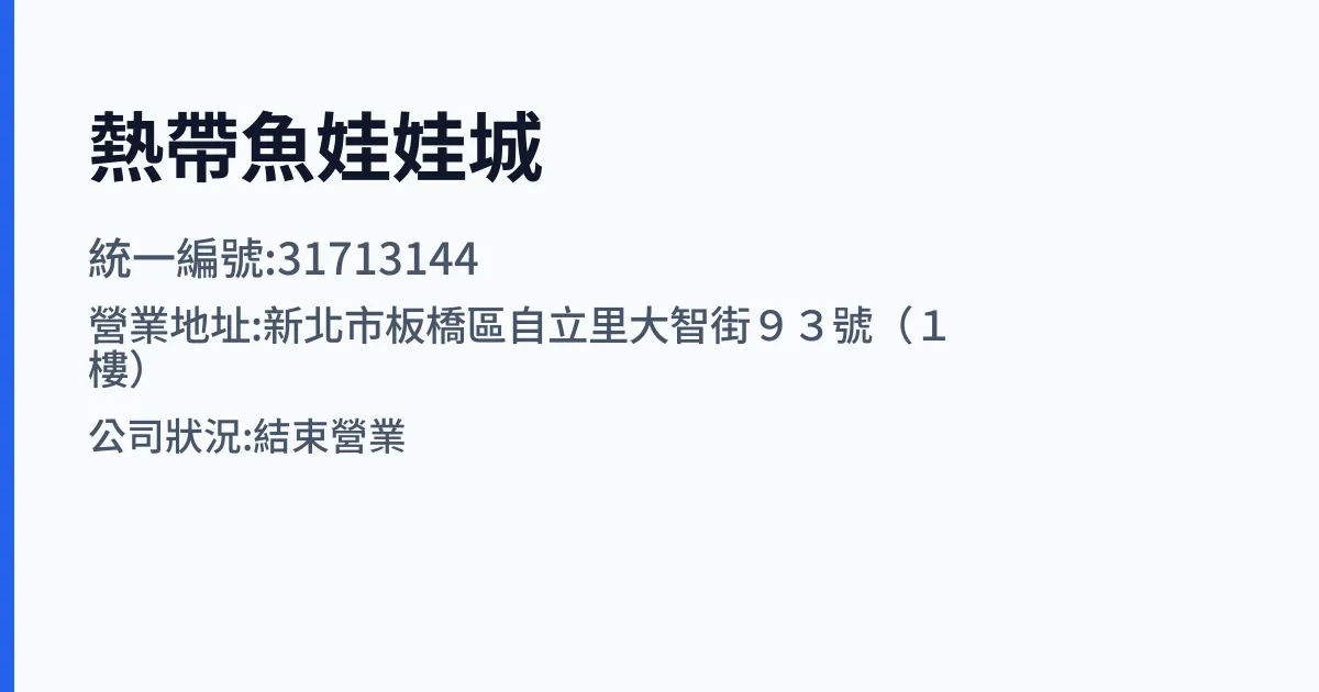 熱帶魚娃娃城 - 統編 31713144(新北市) 公司登記資料與營業項目詳細圖表
