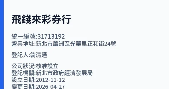 飛錢來彩券行的照片-統編 31713192(新北市) 公司登記資料與營業項目詳細圖表
