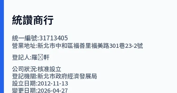 統讚商行的照片-統編 31713405(新北市) 公司登記資料與營業項目詳細圖表