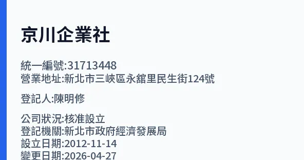 京川企業社的照片-統編 31713448(新北市) 公司登記資料與營業項目詳細圖表
