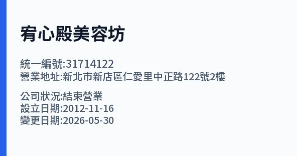宥心殿美容坊的照片-統編 31714122(新北市) 公司登記資料與營業項目詳細圖表