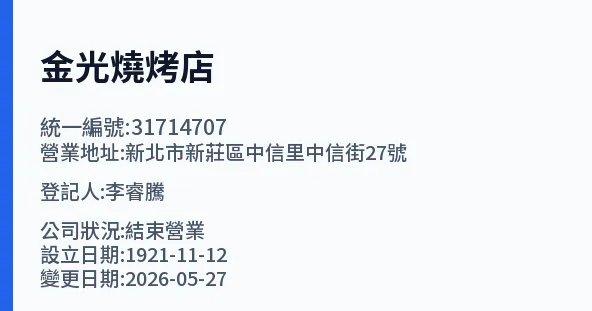 金光燒烤店的照片-統編 31714707(新北市) 公司登記資料與營業項目詳細圖表