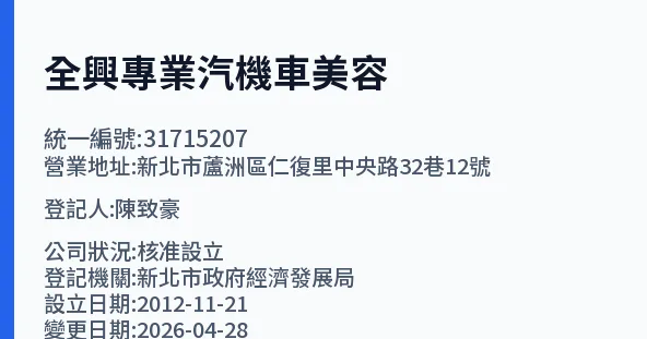 全興專業汽機車美容的照片-統編 31715207(新北市) 公司登記資料與營業項目詳細圖表
