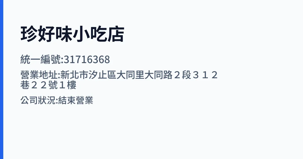 珍好味小吃店 - 統編 31716368(新北市) 公司登記資料與營業項目詳細圖表