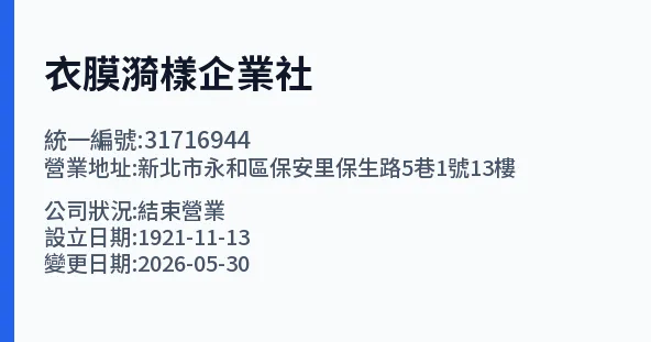 衣膜漪樣企業社的照片-統編 31716944(新北市) 公司登記資料與營業項目詳細圖表