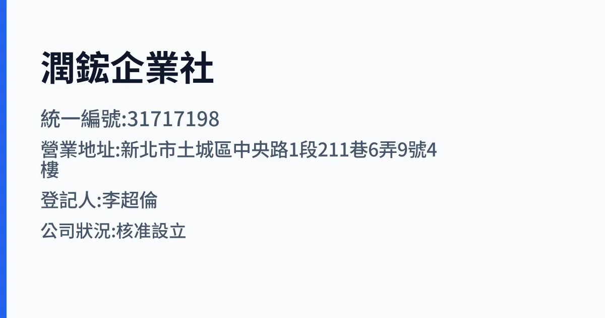 潤鋐企業社 - 統編 31717198(新北市) 公司登記資料與營業項目詳細圖表