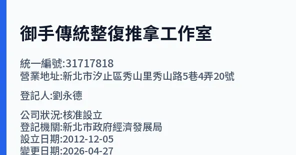 御手傳統整復推拿工作室的照片-統編 31717818(新北市) 公司登記資料與營業項目詳細圖表